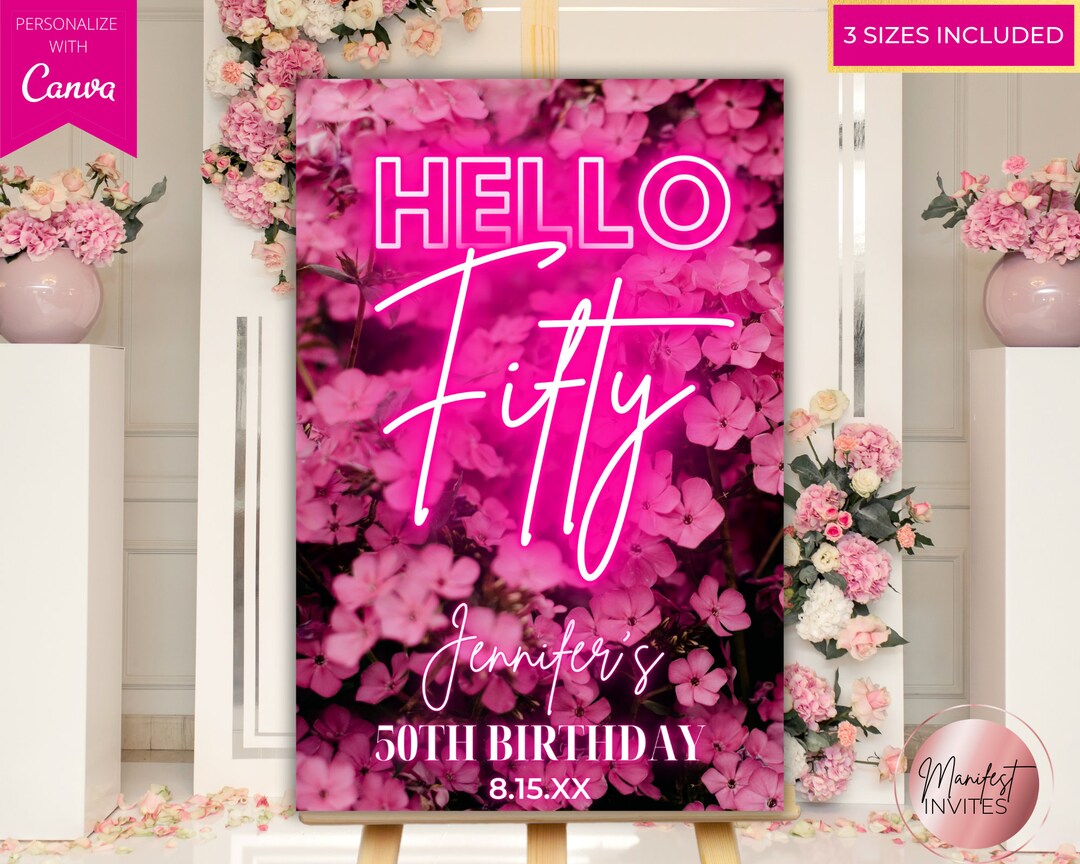 Printable Hello Fifty 50th Birthday Party Pink Floral Welcome Entrance ...