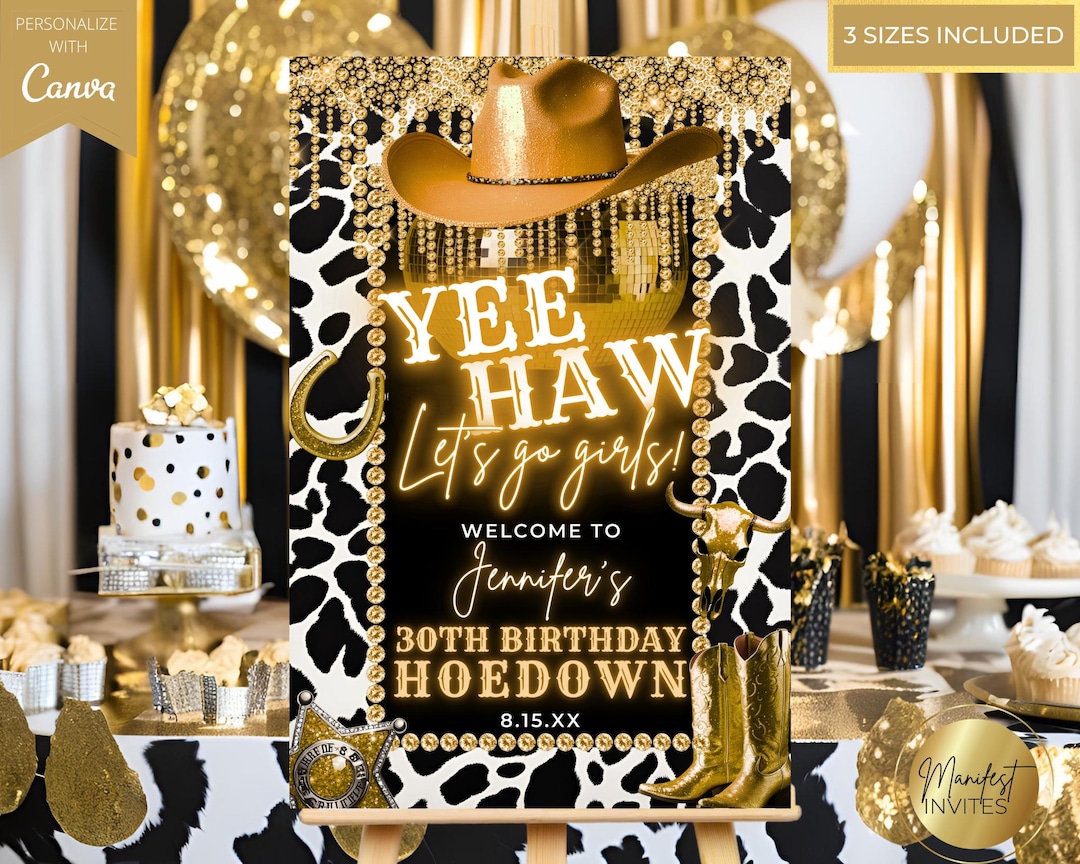 Editable Gold Disco Cowgirl Birthday Hoedown Welcome Sign, Western Glam ...