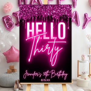 Printable Hello Thirty 30th Birthday Pink Neon Glitter Drip Welcome ...
