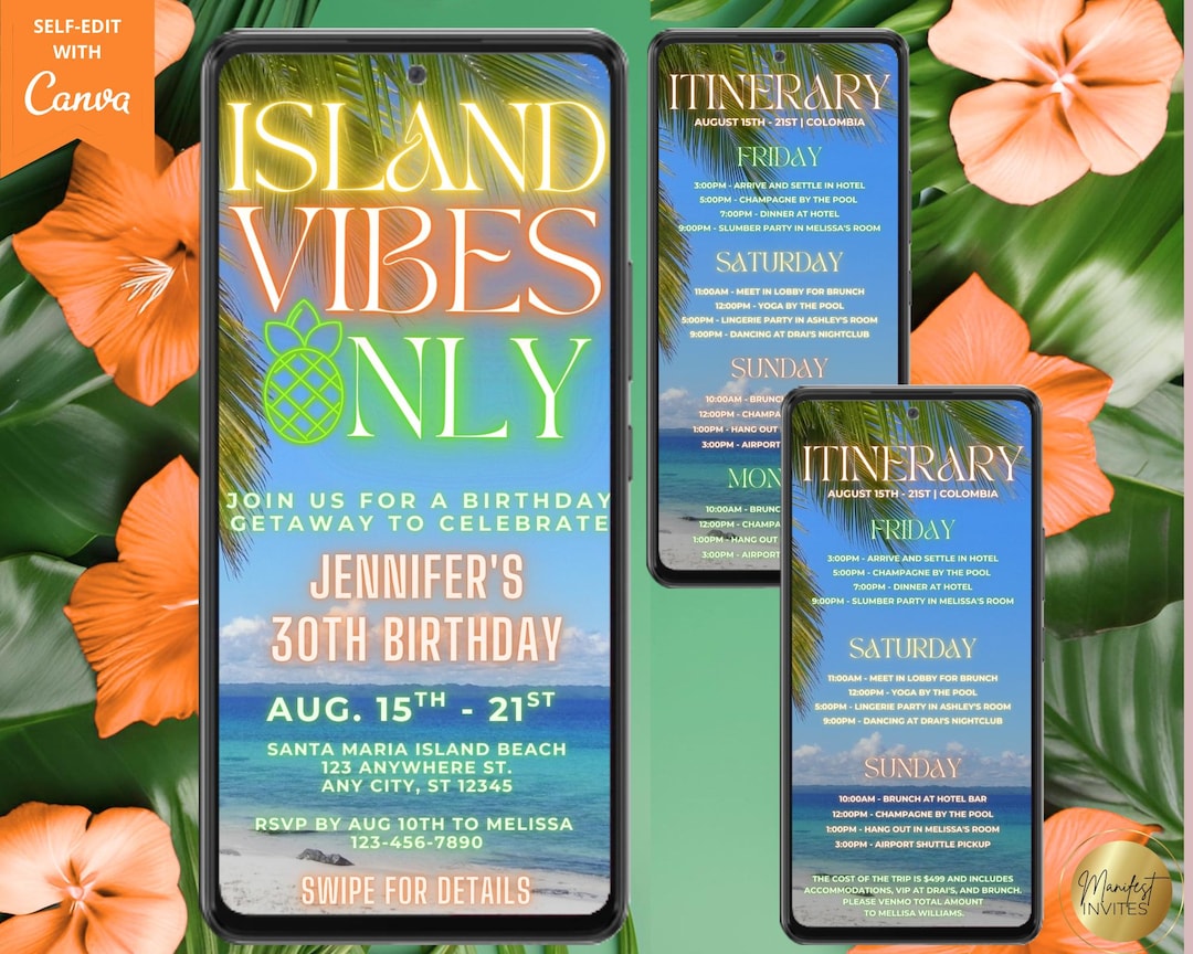 Digital Island Vibes Only Tropical Beach Birthday Trip Invitation, 7 ...