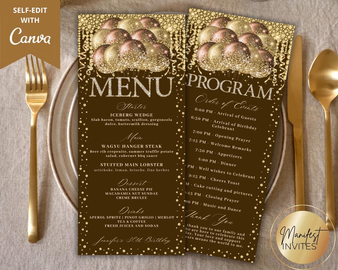 Editable Glam Brown Bronze Gold Glitter Balloons Diamond Menu Program ...