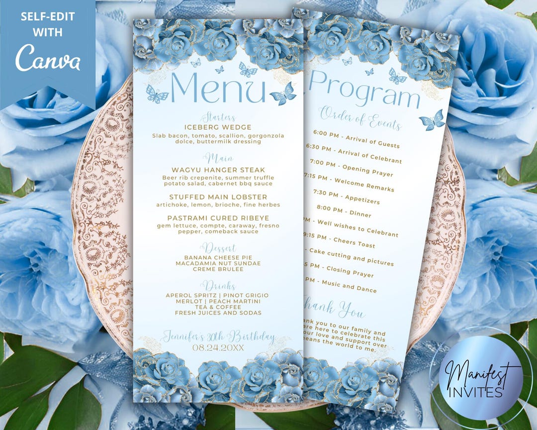 Editable Blue Gold Floral Menu and Program Card Template, Birthday ...