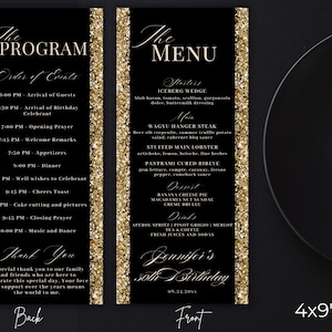 Editable Elegant Black Gold Glitter Birthday Menu and Program Card ...