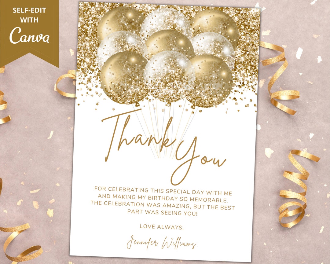 Editable Thank You Birthday Card, Printable Thank You Note, Thank You ...