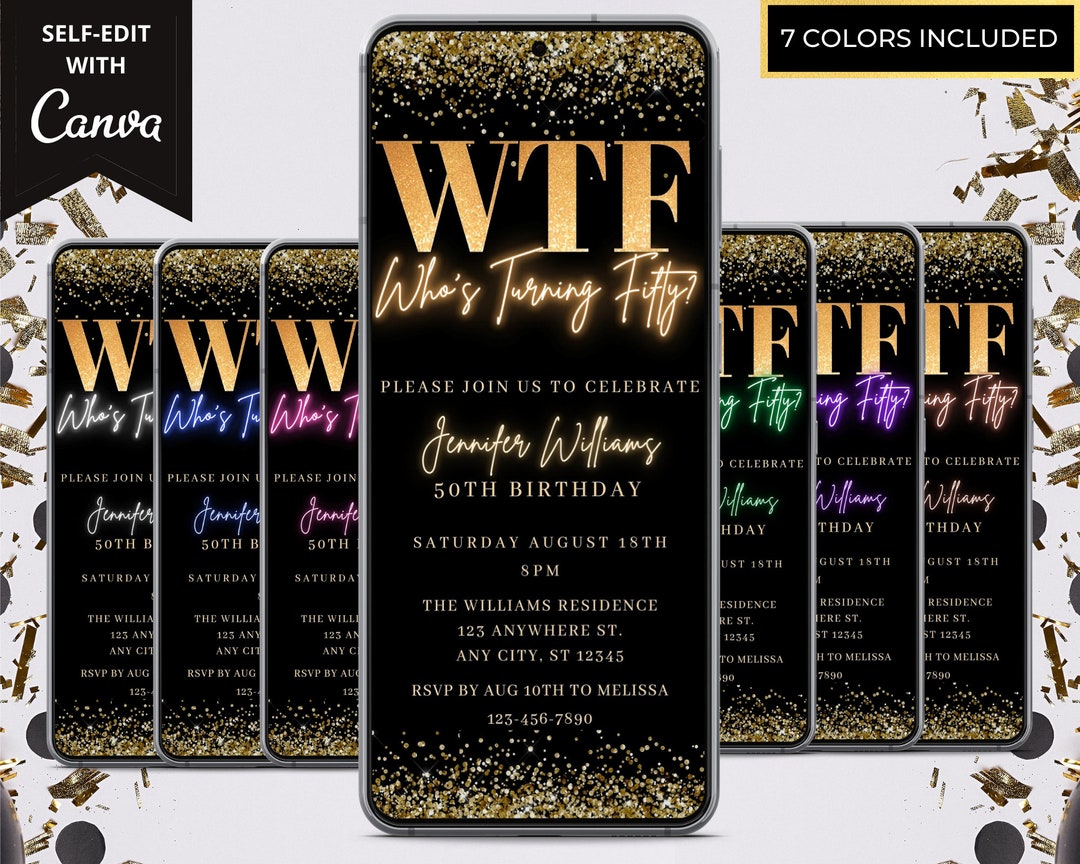 Digital Modern WTF Who's Turning Fifty 50th Birthday Invitation ...