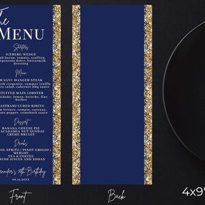Editable Elegant Navy Blue Gold Glitter Birthday Dinner Menu and Drink ...