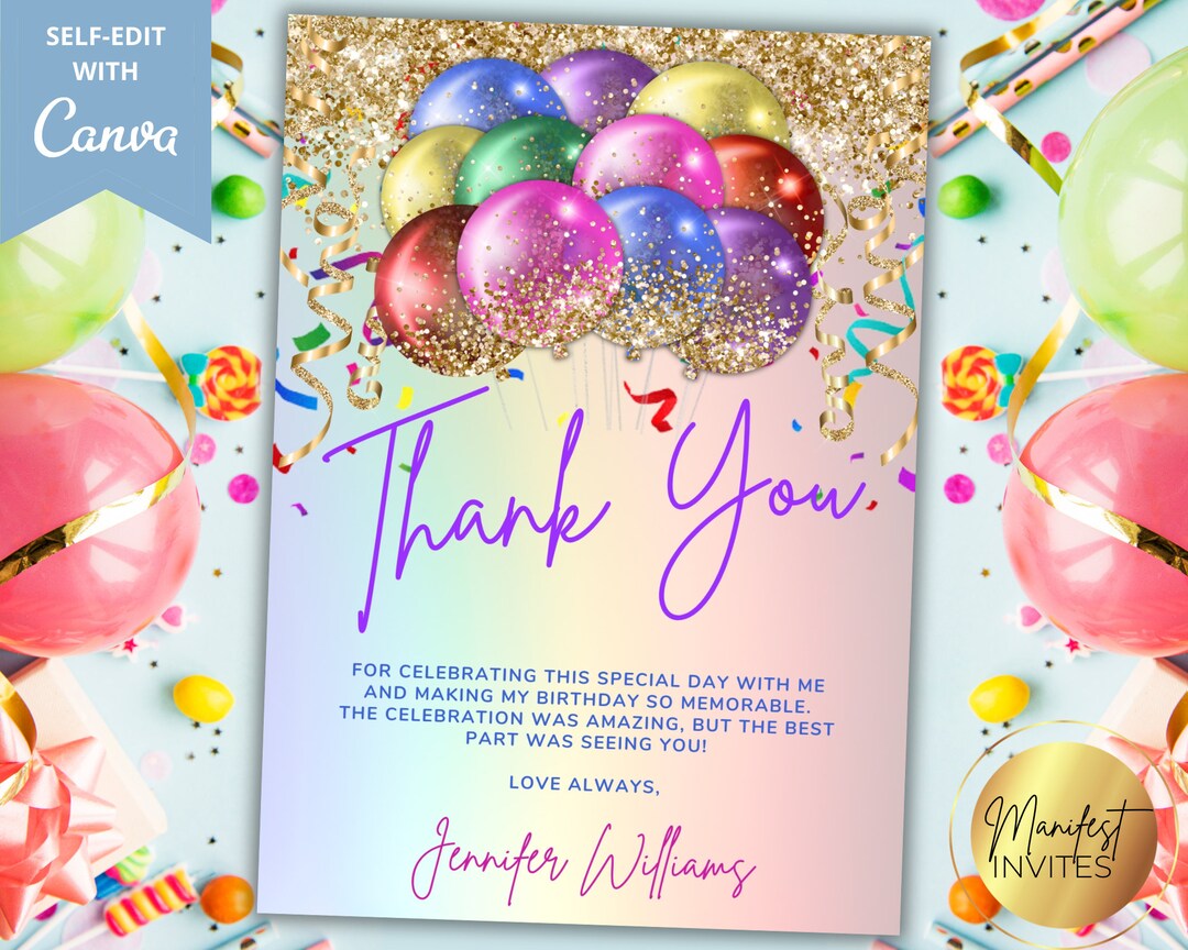 Editable Rainbow Gold Glitter Balloons Thank You Birthday Card Template ...