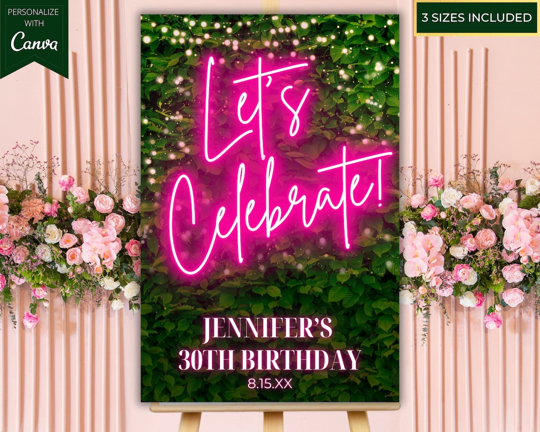 Editable Let's Celebrate Pink Neon Greenery Birthday Party Welcome Sign ...