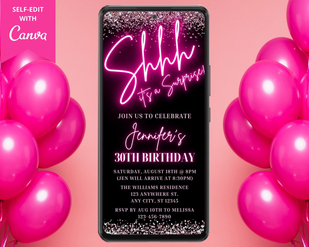 Digital Shhh It's a Surprise Neon Pink Glitter Birthday Party ...