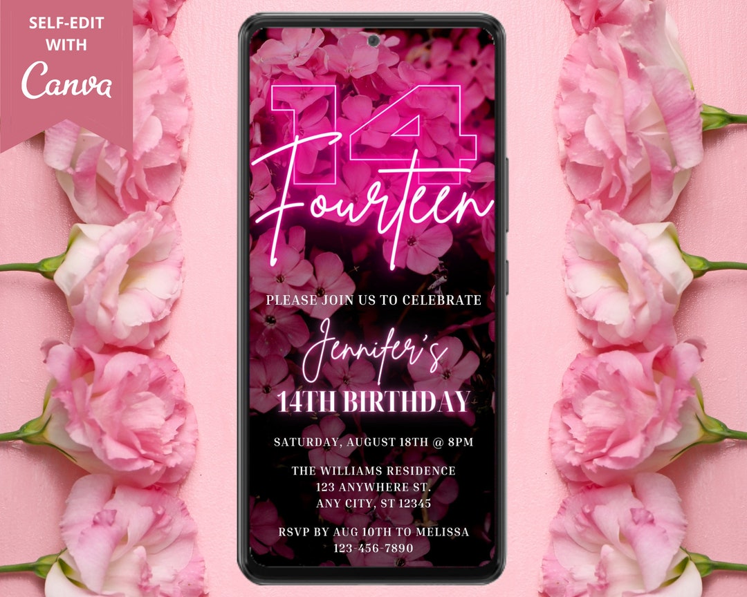 Digital Fourteen 14th Birthday Party Invitation, Electronic Phone Text ...