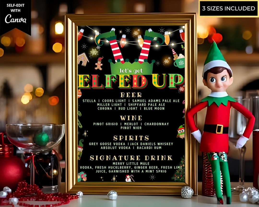Editable Funny Let's Get Elfed up Christmas Party Bar Menu Template ...