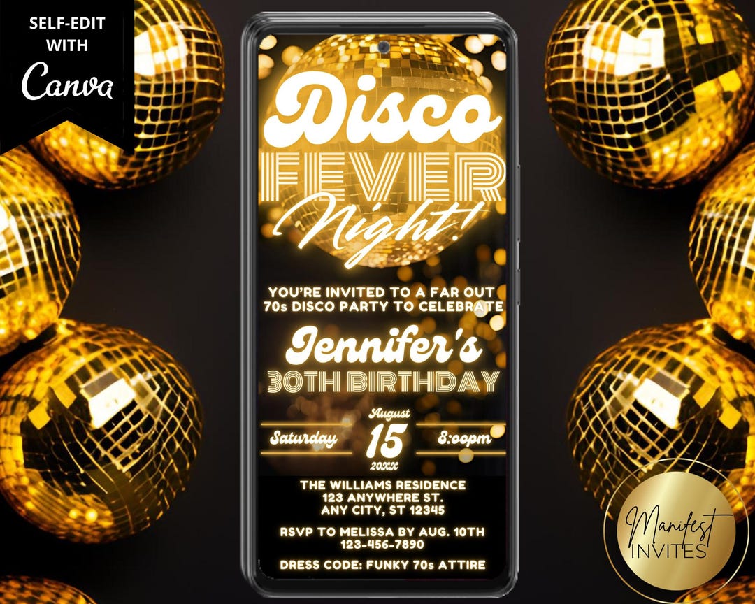 Digital Disco Fever Night Gold Neon Disco Ball Birthday Party ...