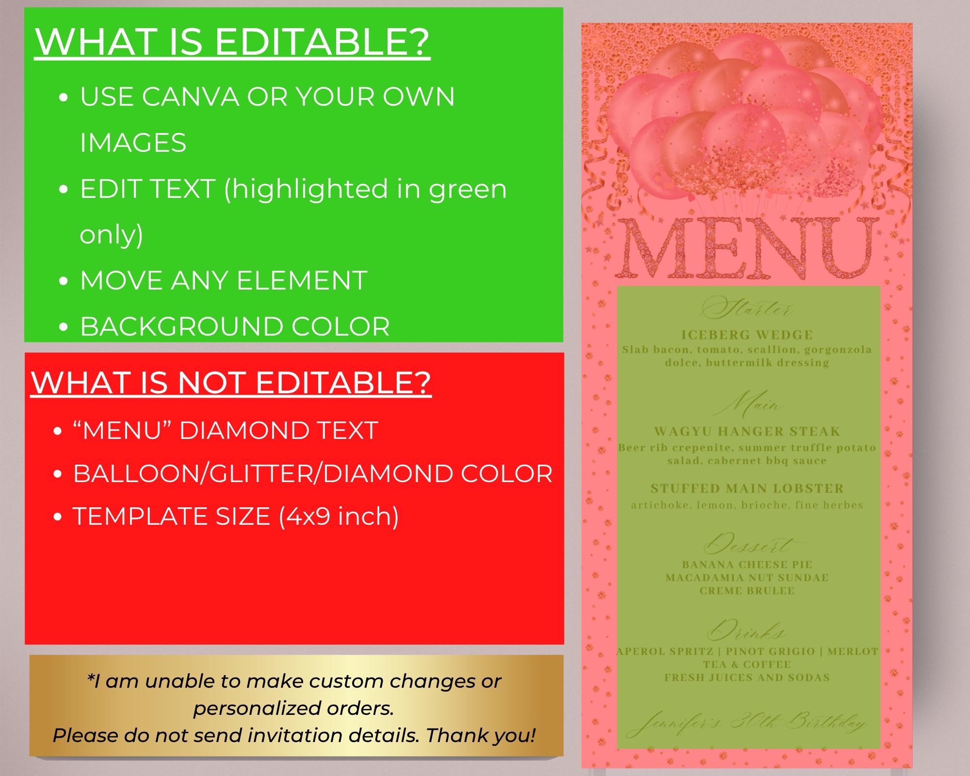 Editable Pink Gold Glitter Balloons Diamond Menu and Drink Card, Glam ...