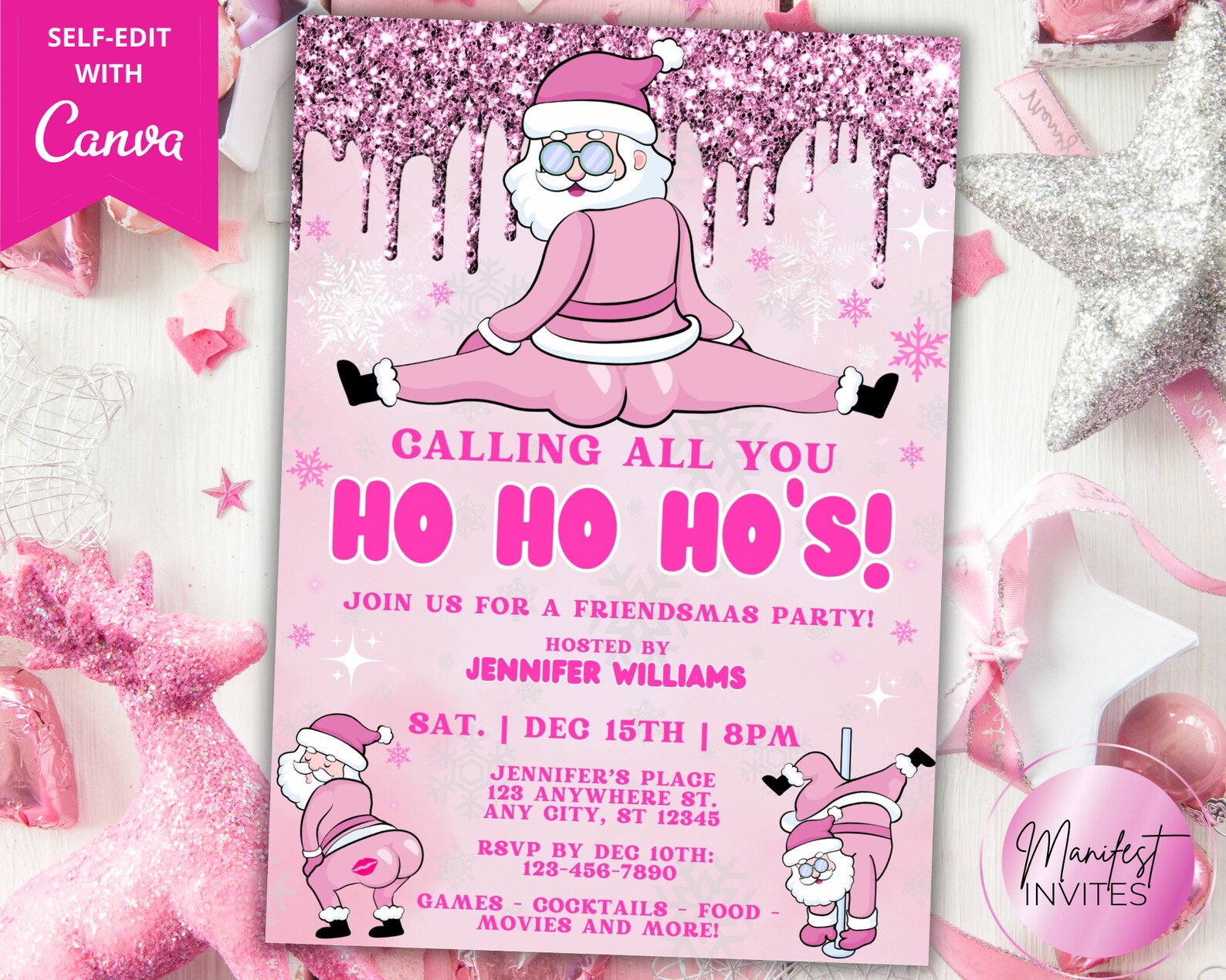 Editable Funny Adult Friendsmas Calling All You Ho Ho Hos Pink Santa ...