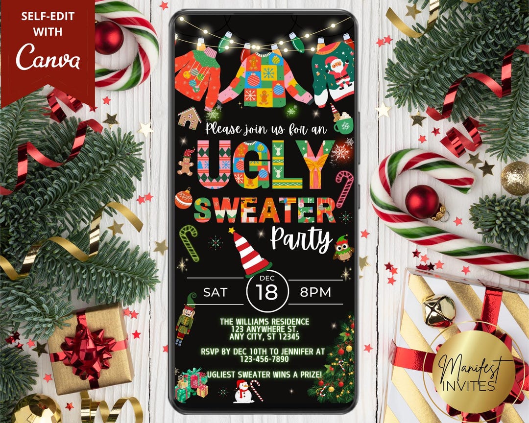 Digital Ugly Sweater Christmas Party Invitation, Tacky Xmas Holiday ...