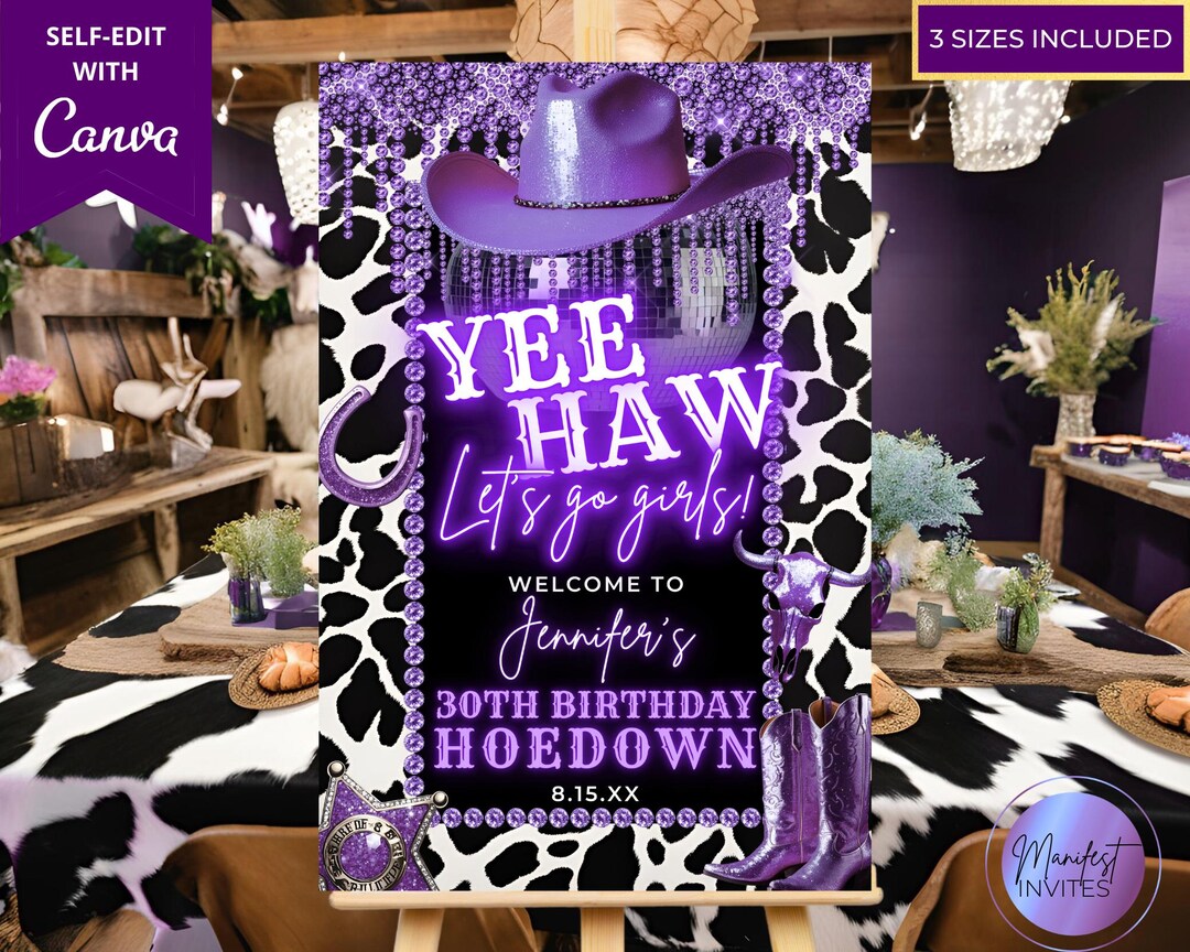 Editable Purple Disco Cowgirl Birthday Hoedown Welcome Sign, Western ...