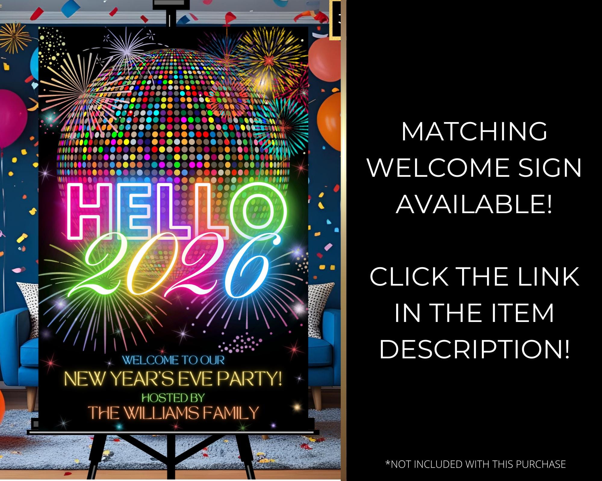 Editable Hello 2026 Rainbow Neon Disco Ball New Year's Eve Party ...
