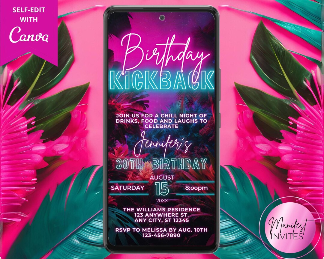 Digital Birthday Kickback Tropical Neon Pink Teal Jungle Party ...