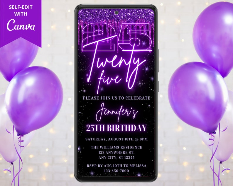 Digital 25th Birthday Party Invitation, Electronic Phone Text Message ...