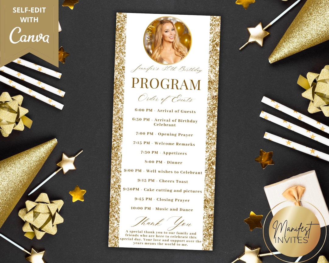 Editable Elegant White Gold Event Program Card Photo Template, Thank ...