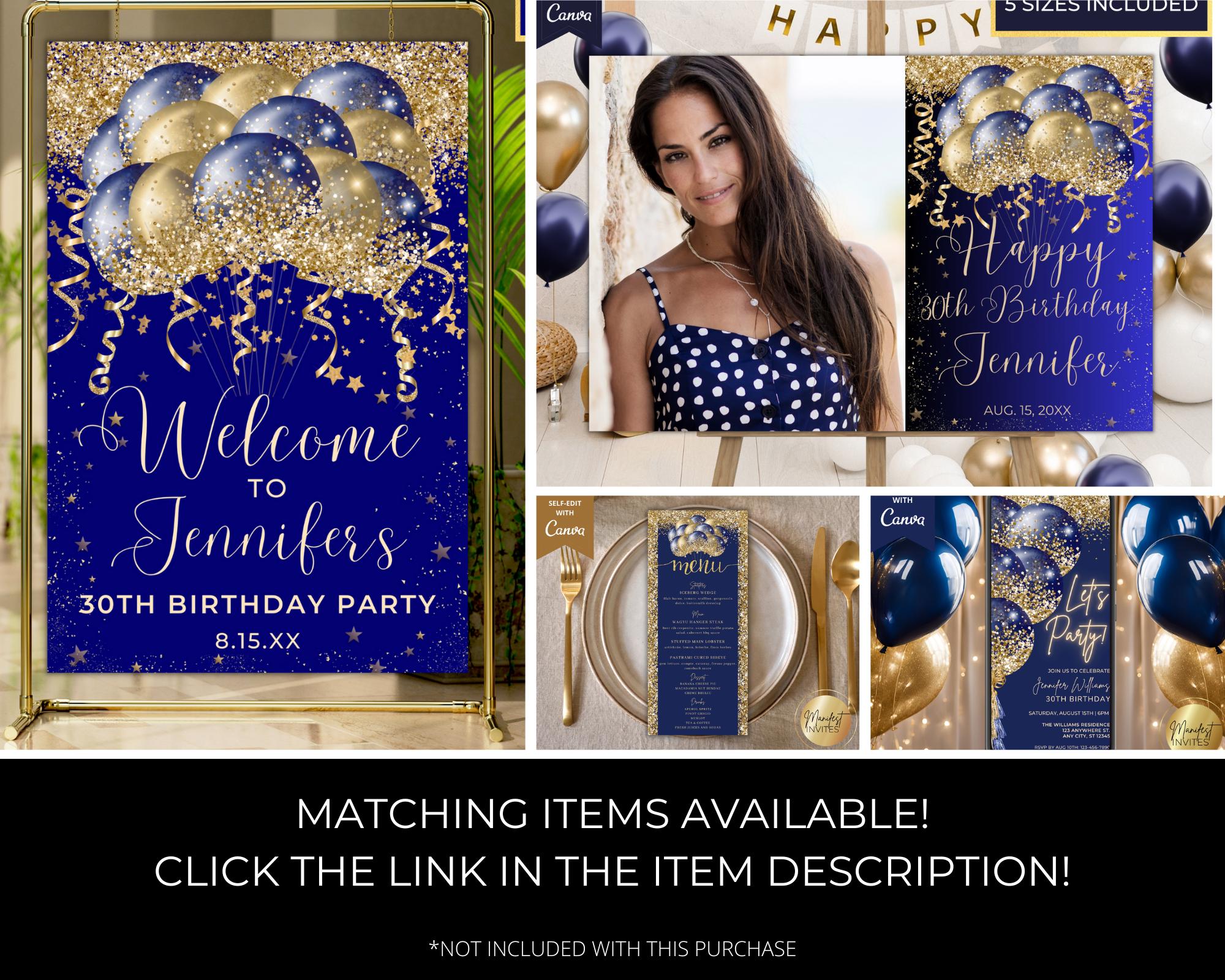 Editable Glam Navy Blue Gold Glitter Balloons Diamond Menu Program and ...