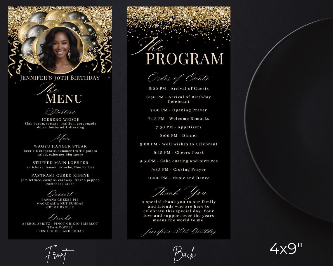 Editable Picture Black Gold Glitter Balloons Menu and Program Card ...