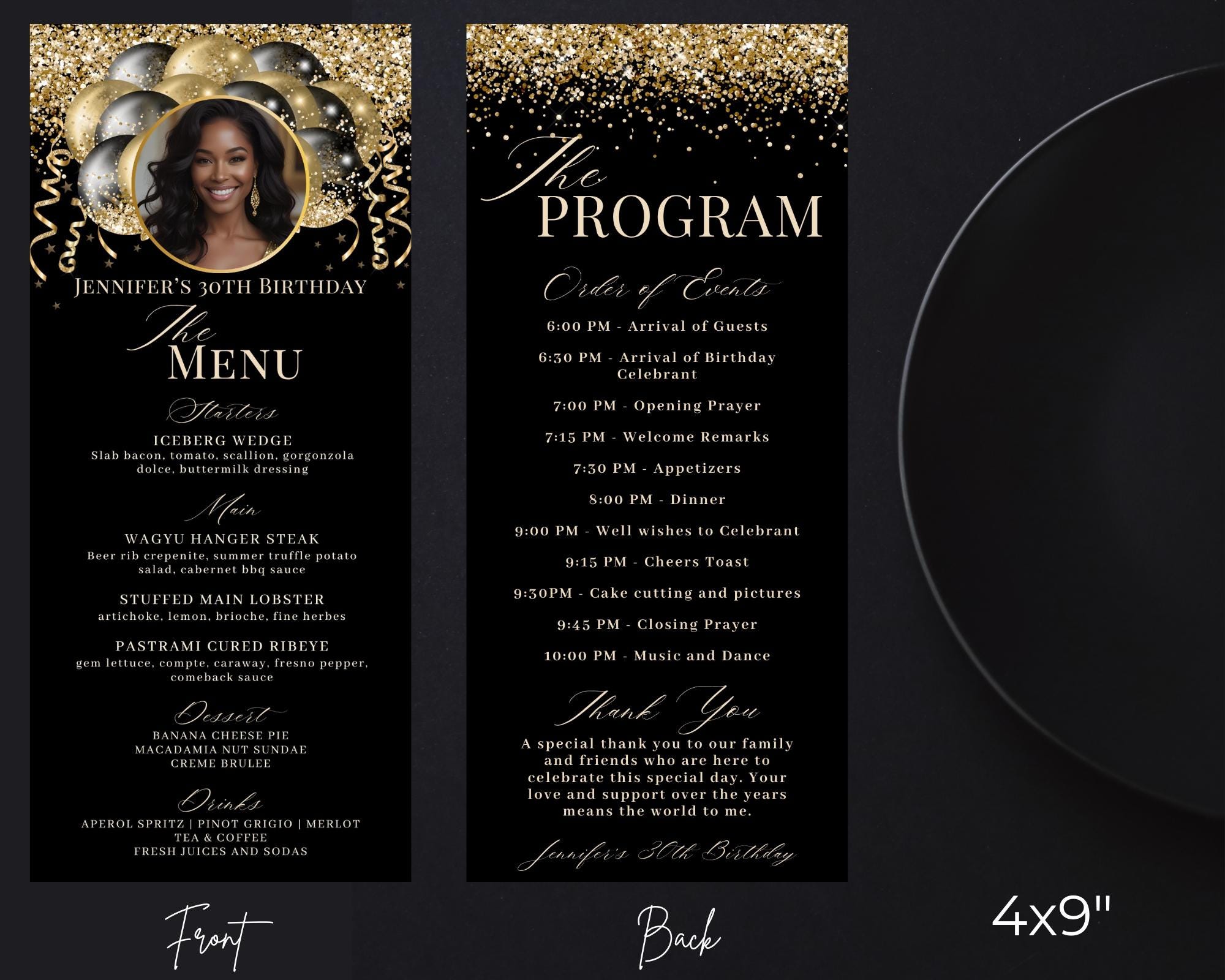 Editable Picture Black Gold Glitter Balloons Menu and Program Card ...