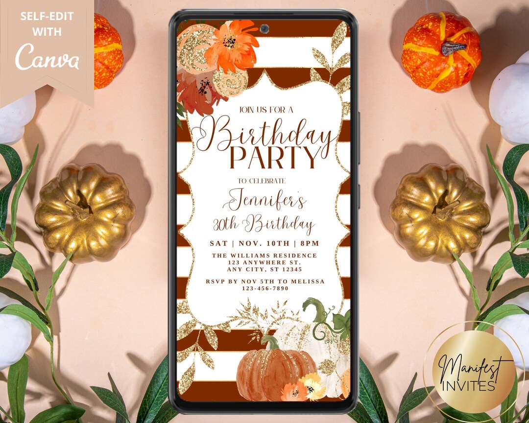 Digital Fall Themed Birthday Party Invitation, Autumn Pumpkin Birthday ...