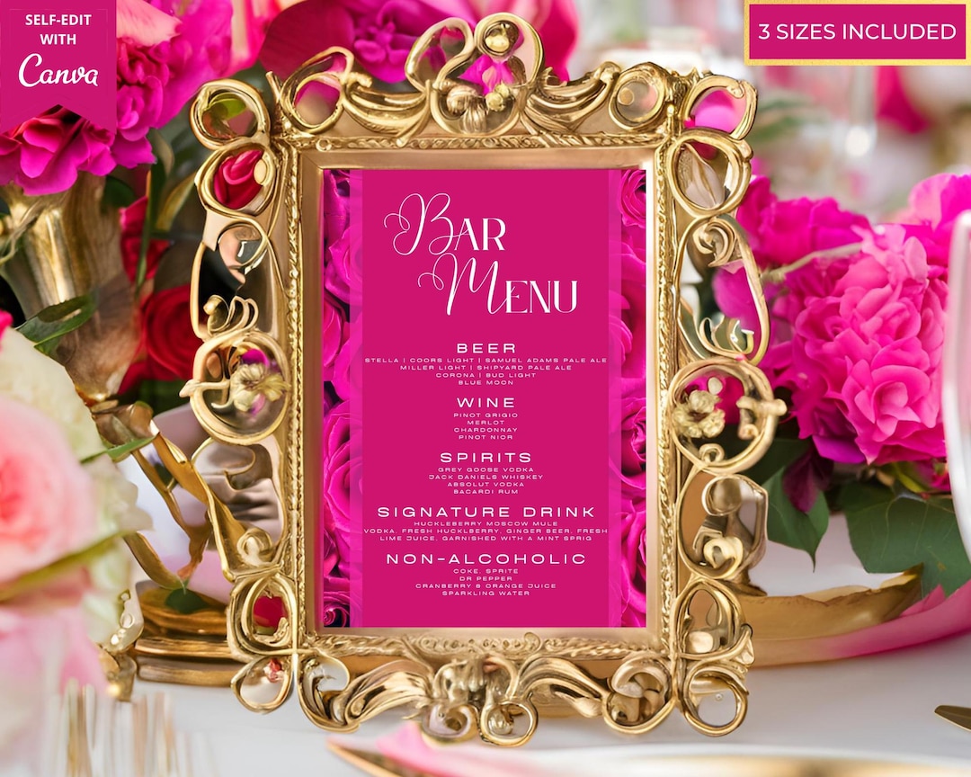 Editable Hot Pink Floral Roses Bar Menu Template, Shades of Pink Theme ...