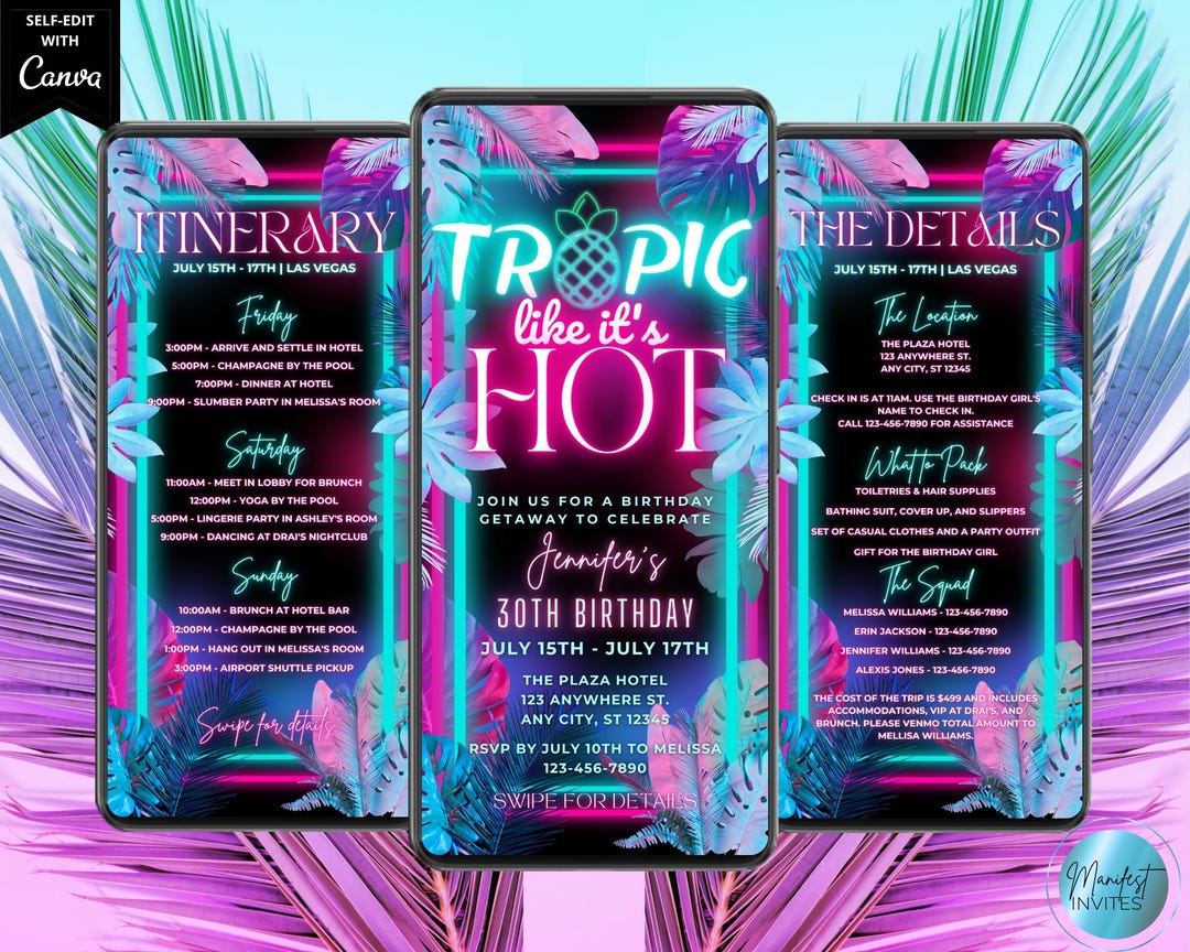 Digital Tropical Tropic Like It's Hot Pink Teal Neon Summer Birthday ...