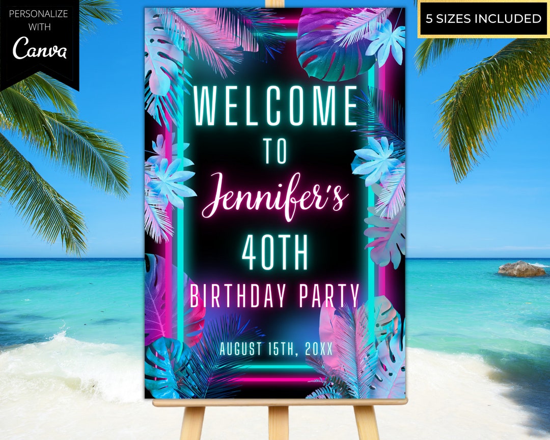 Editable Tropical Birthday Party Welcome Sign, Pink Teal Neon ...