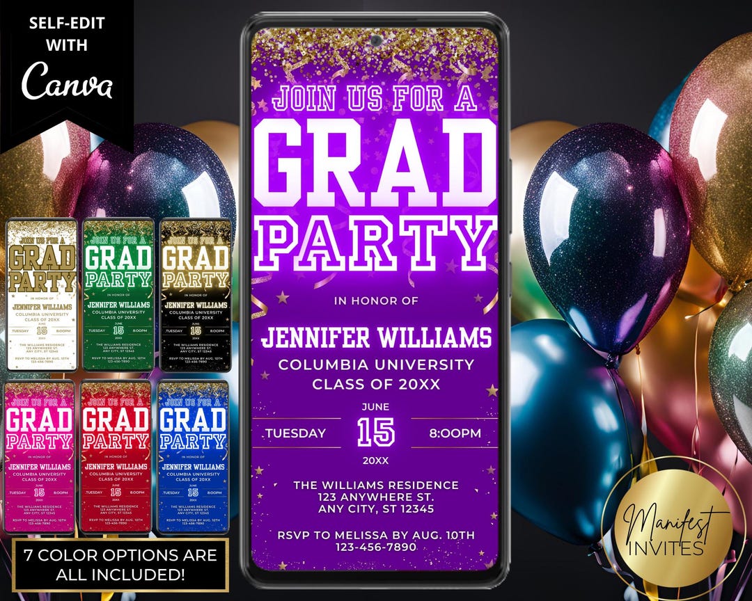 Digital Neon Graduation Party Invitation, Neon Gold Glitter, High ...