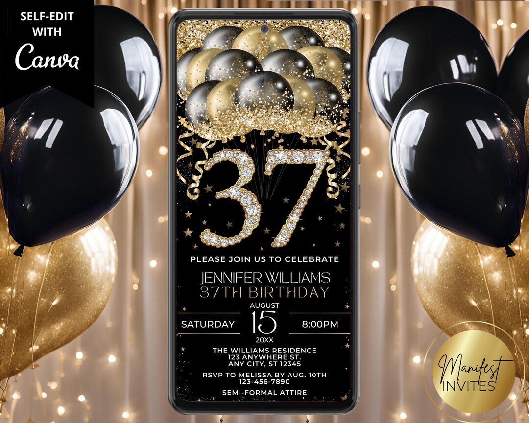 Digital Glam 37th Birthday Party Invitation, Elegant Diamond Black Gold ...