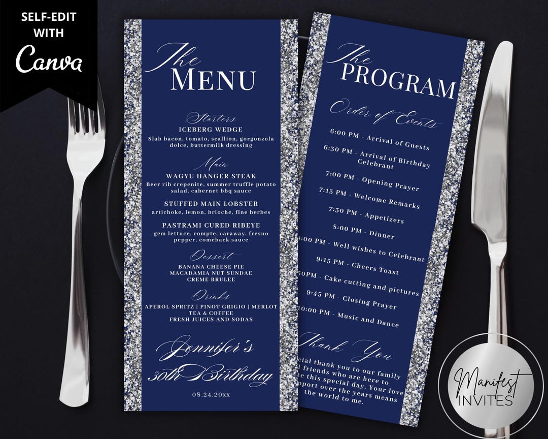 Editable Elegant Blue Silver Glitter Birthday Menu and Program Card ...