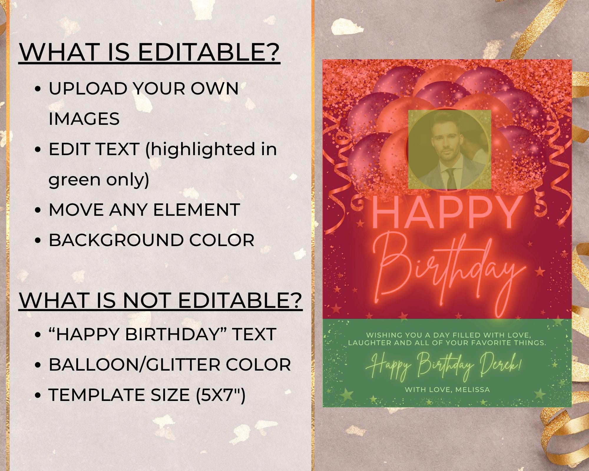 Editable Glam Photo Happy Birthday Greeting Card, Neon Blue Gold ...