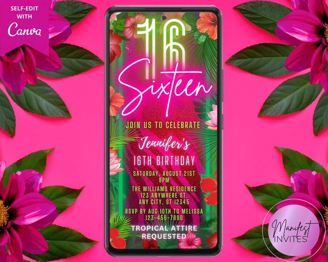 Digital Tropical Pink Floral Sixteen 16th Birthday Party Invitation ...