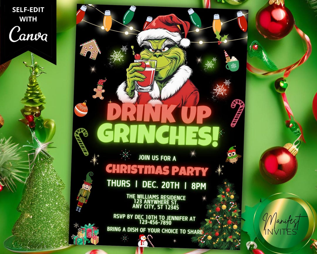 Editable Drink up Grinches Christmas Holiday Party Invitation Template ...