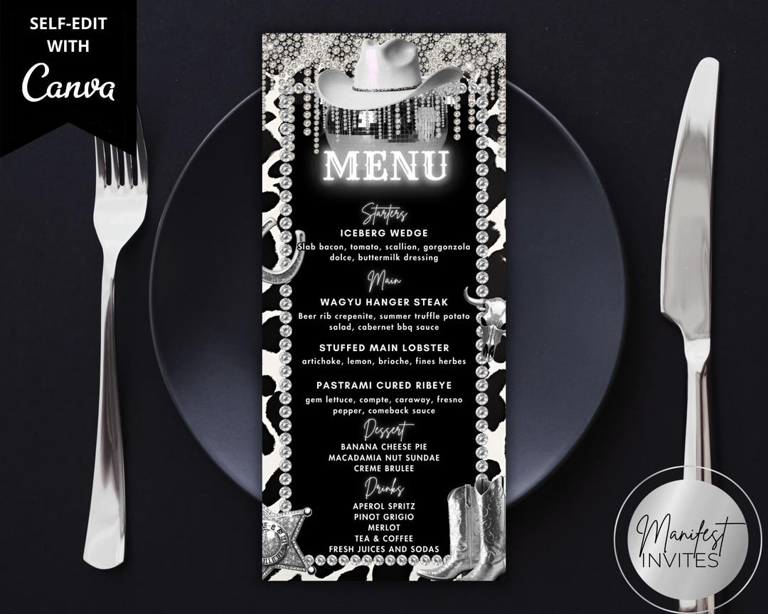 Editable Silver Disco Cowgirl Birthday Hoedown Dinner Menu Card ...