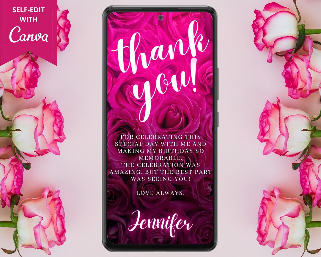Digital Hot Pink Floral Thank You Birthday Ecard, Electronic Thank You ...