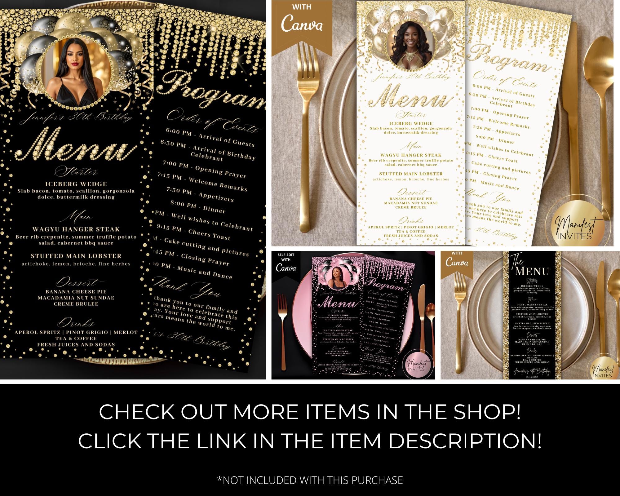 Editable Black Gold Glitter Birthday Event Program Card Template ...