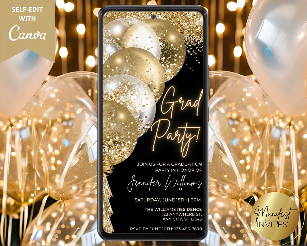 Digital Graduation Party Invitation, White Gold Balloons, High School ...