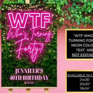 Editable WTF Who's Turning Forty 40th Birthday Party Welcome Sign, Pink ...
