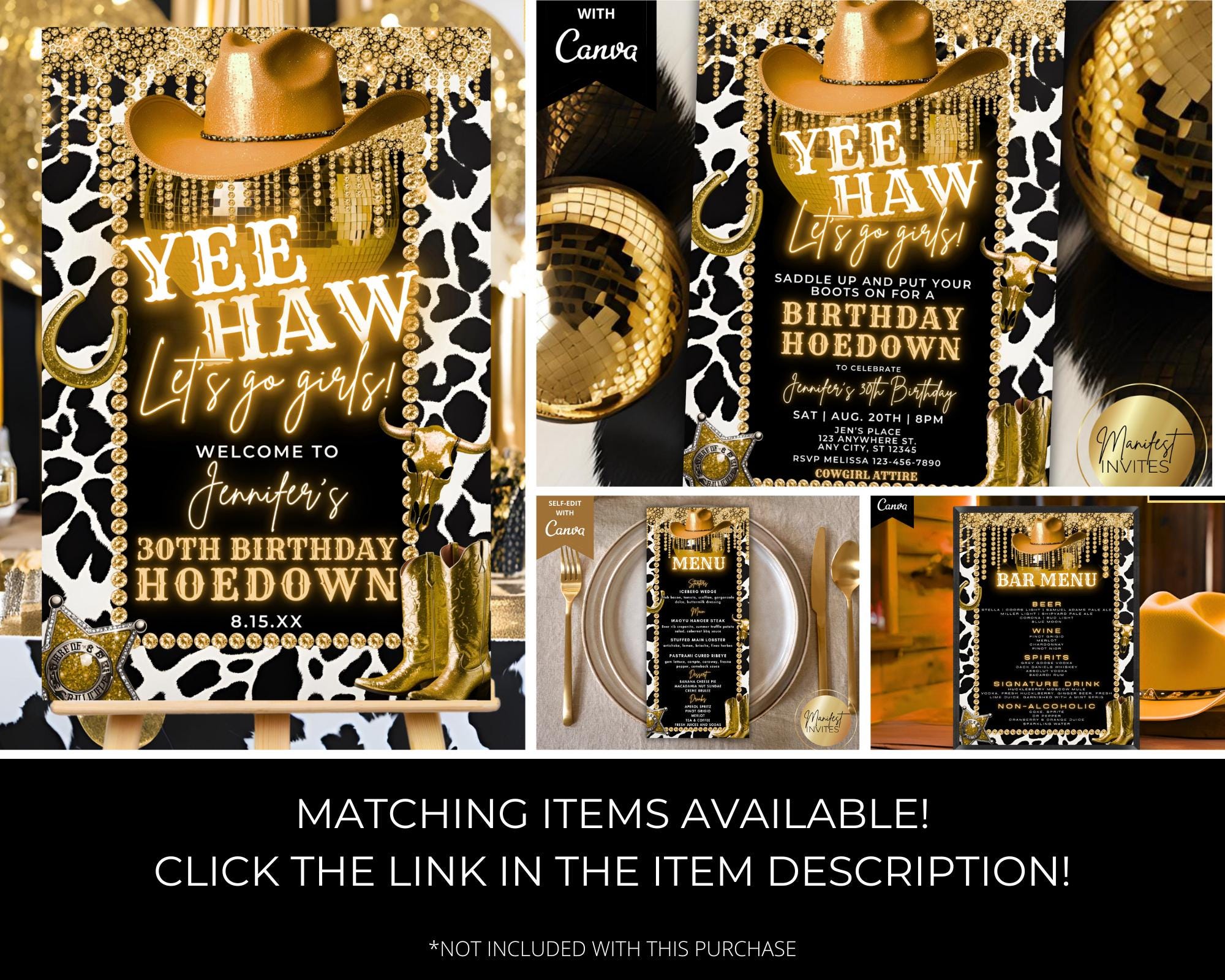 Editable Gold Disco Cowgirl Birthday Hoedown Dinner Menu Card Template ...