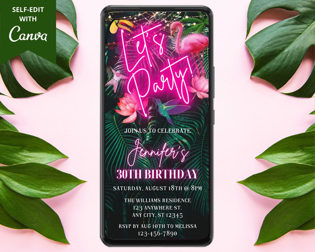 Digital Tropical Let's Party Birthday Party Invitation, Electronic ...