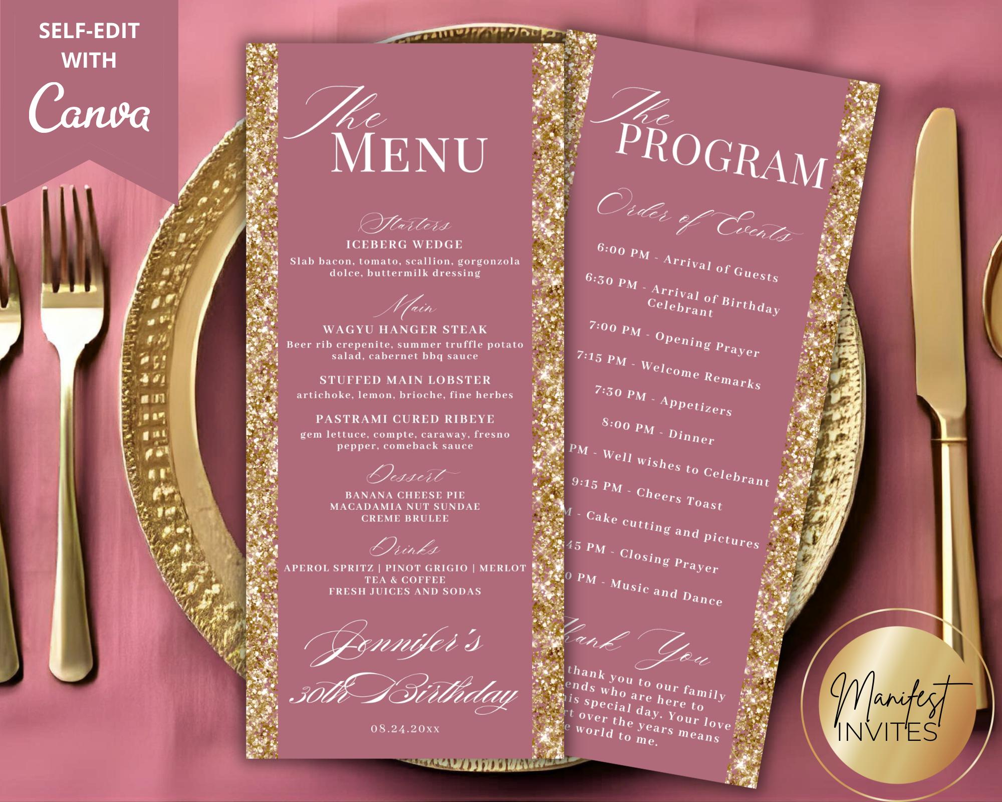 Editable Pink Gold Glitter Menu Program and Thank You Card, Glam ...