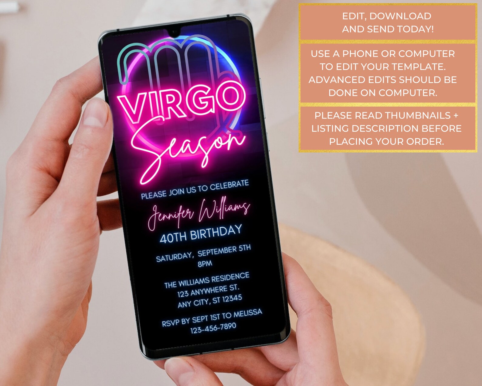 Virgo Zodiac Birthday Digital Invitation Electronic Party - Etsy