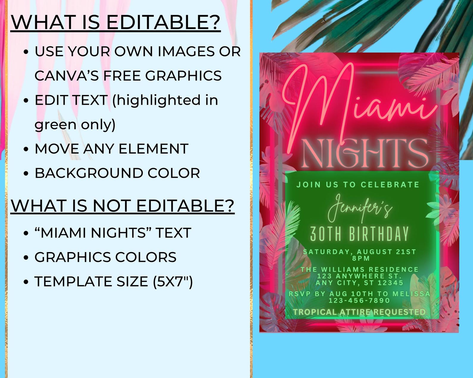 Editable Tropical Miami Nights Birthday Party Invitation Template, Pink ...