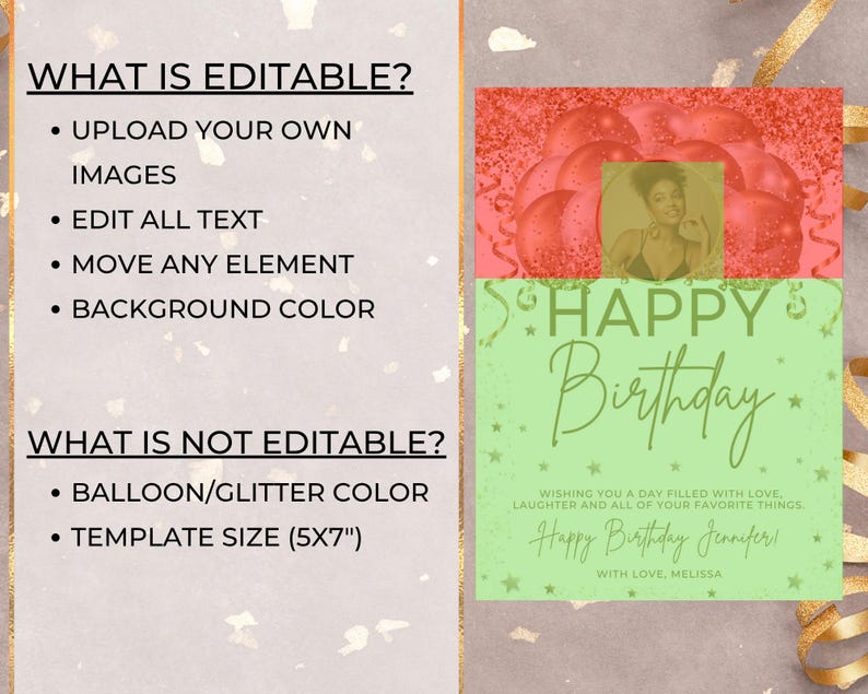 Editable Glam Photo Happy Birthday Greeting Card, White Gold Glitter ...