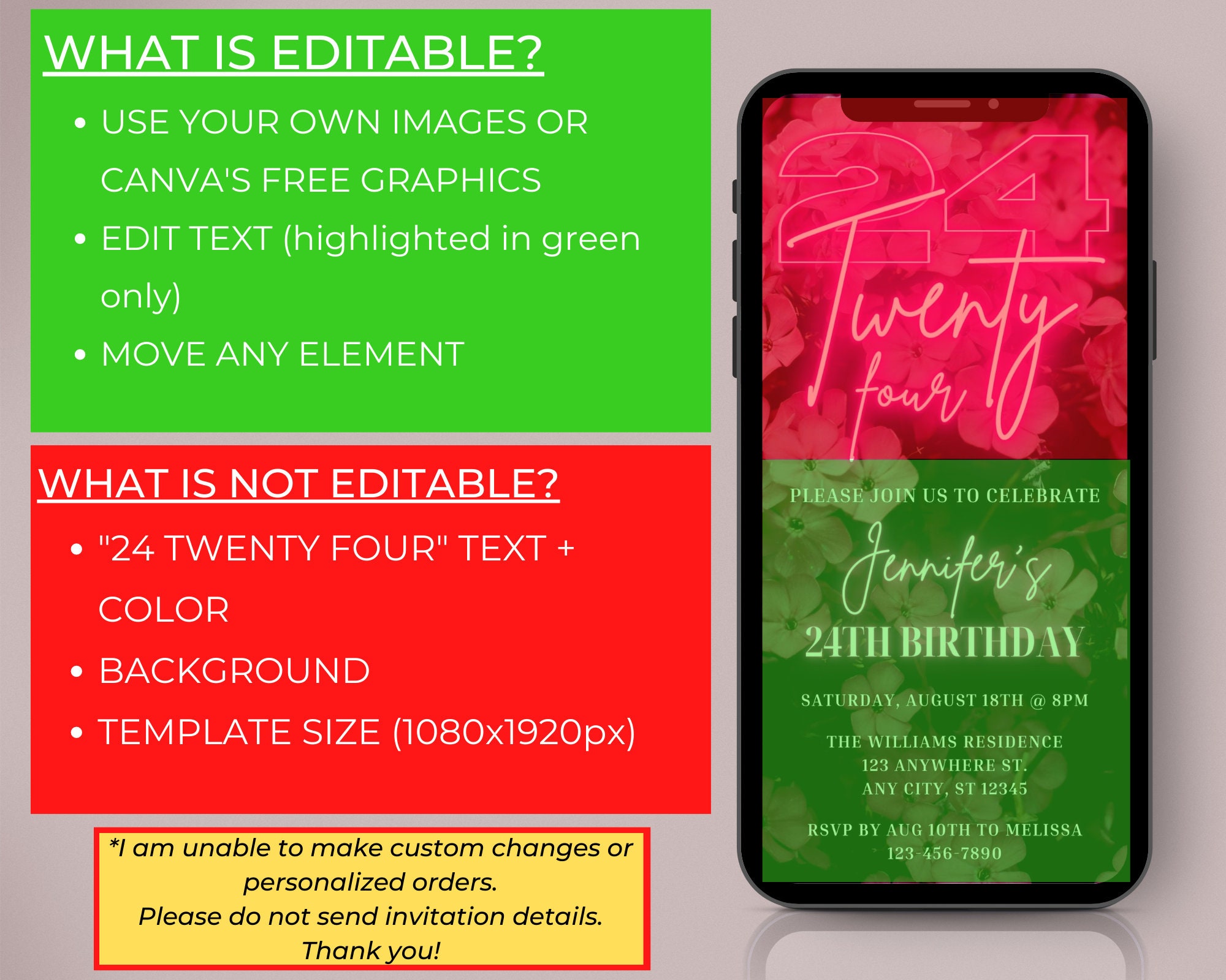 Digital 24th Birthday Party Invitation, Electronic Phone Text Message ...