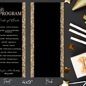 Editable Black Gold Glitter Birthday Event Program Card Template ...